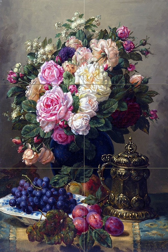 Tile Mural Bouquet Rose Grapes Plums Kitchen Backsplash, 6" Ceramic ...