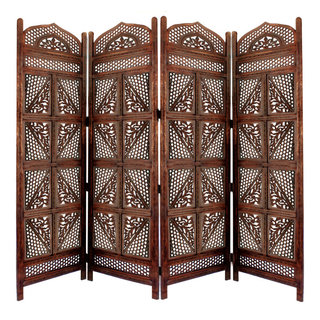 Traditional 4 Panel Wooden Room Divider With Hand Carved Details ...