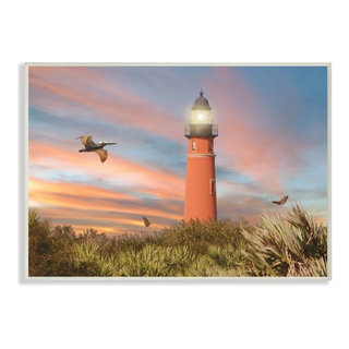 Stupell Bright Red Ponce Inlet Lighthouse, Dense Grassy Dunes at Sunset ...