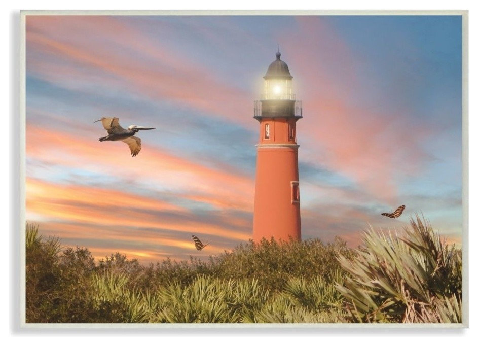 Stupell Bright Red Ponce Inlet Lighthouse, Dense Grassy Dunes at Sunset ...
