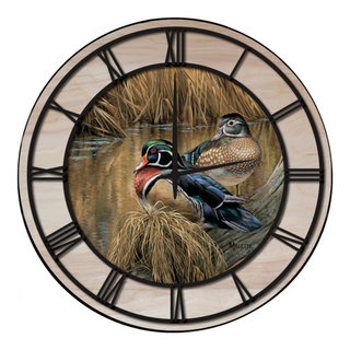 Wall Clock, Back Waters Wood Duck, 24"x24" - Rustic - Wall Clocks - by ...