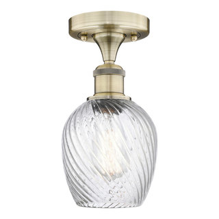 Salina-1 Light 5" Flush Mount-Antique Brass, Clear Spiral Fluted Glass ...