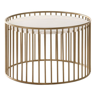 Faux Marble Top Round End Table with Metal Wired Base, Gold ...