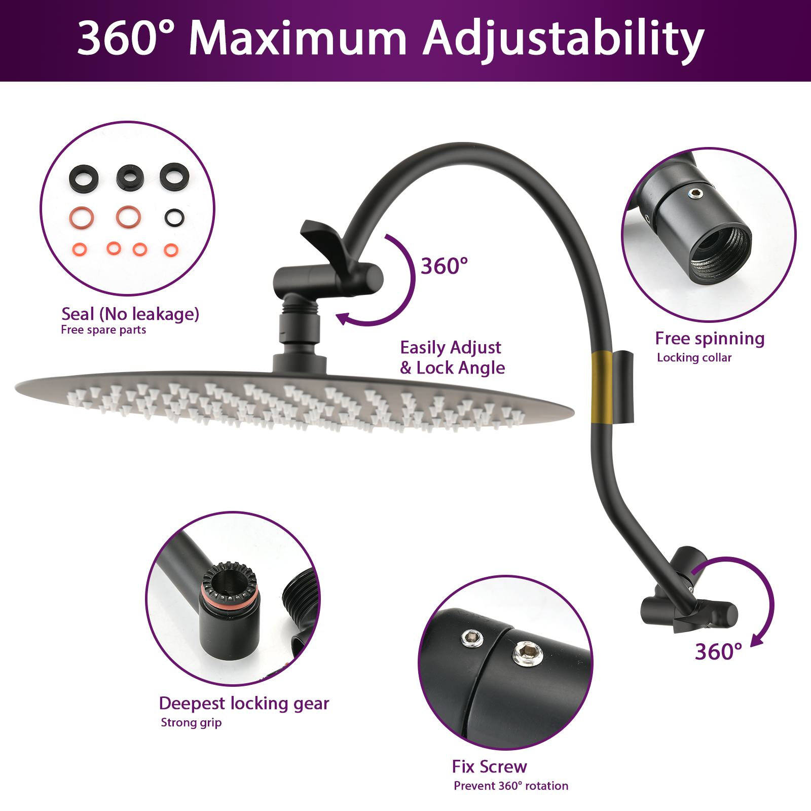 12'' Rainfall Shower Head Set with Upgraded Adjustable Extension Arm ...