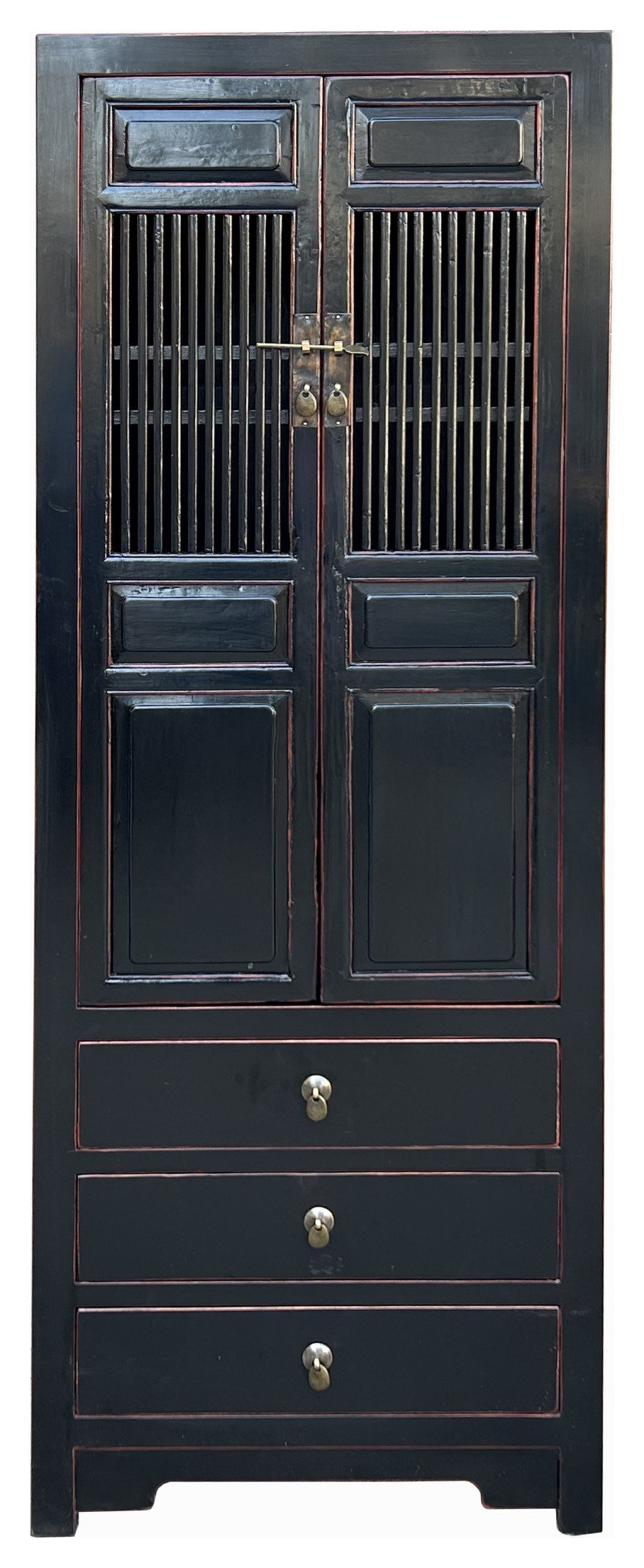 Oriental Black Narrow Wood Carving Shutter Doors Drawers Storage ...