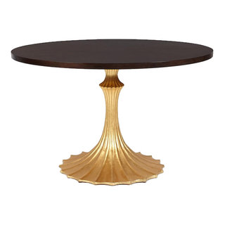 Flute Dining Table, 48" Round Walnut Wood Top with Gold Leaf Base ...