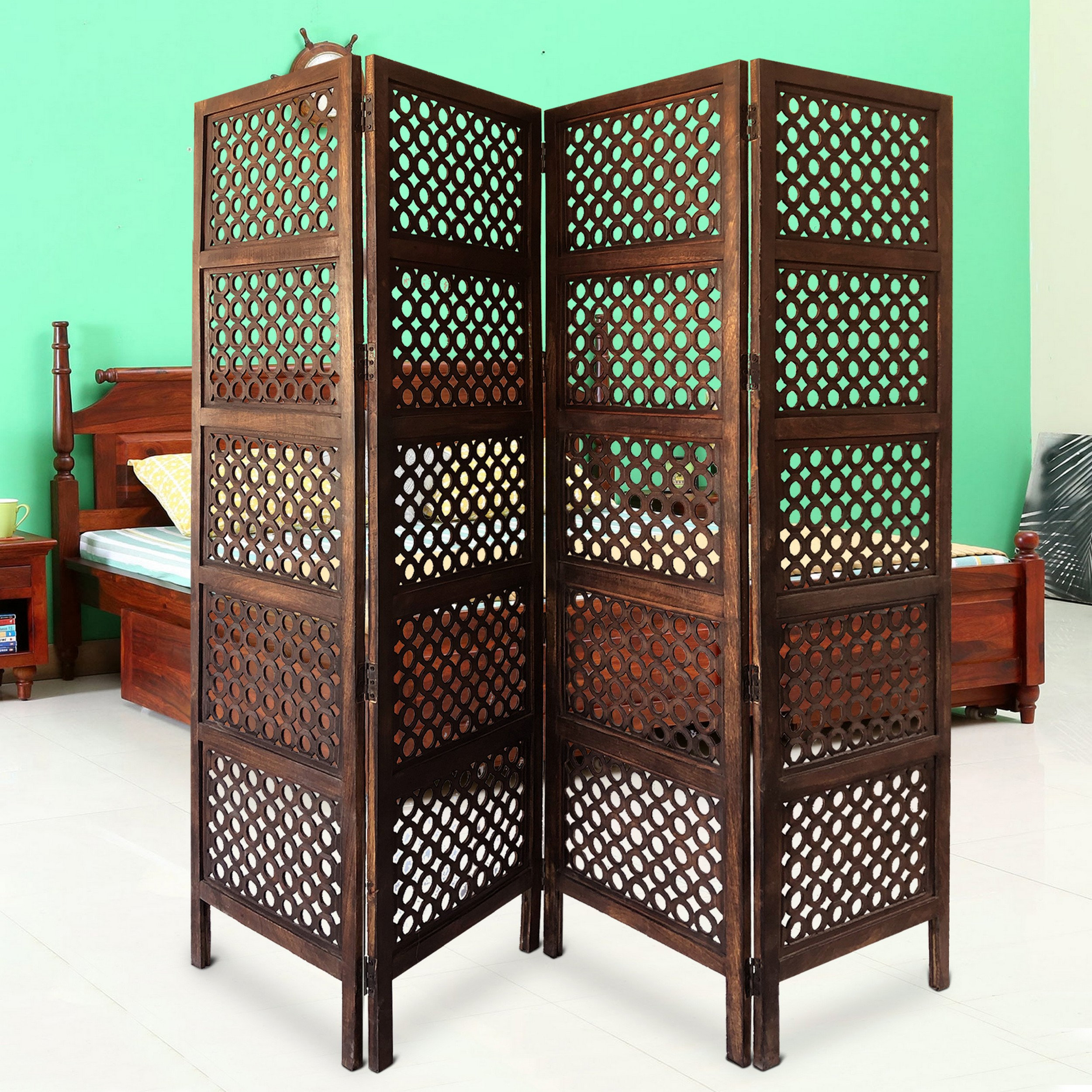 Decorative Four Panel Mango Wood Hinged Room Divider With Circular ...