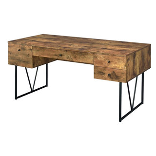 Rustic 4-Drawer Writing Desk, Antique Nutmeg Finish and Geometric Metal ...