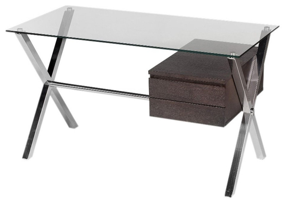 Pangea Home Beverly Small Modern Tempered Glass & Wood Veneer Desk in ...