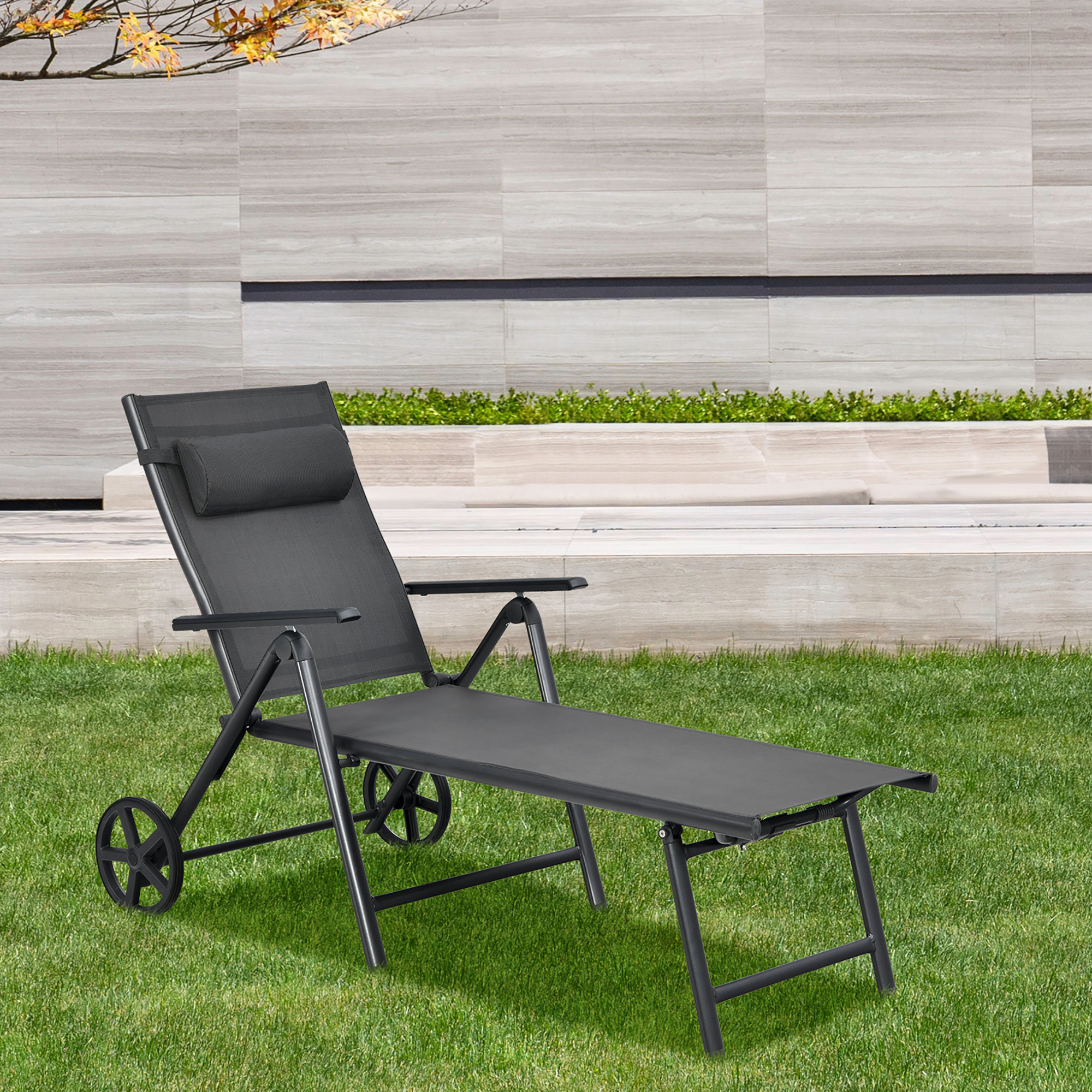 Costway Patio Lounge Chair W/ Wheels Neck Pillow Aluminum Frame ...