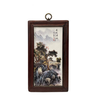 Chinese Wood Frame Porcelain Mountain Tree Scenery Wall Plaque Panel ...