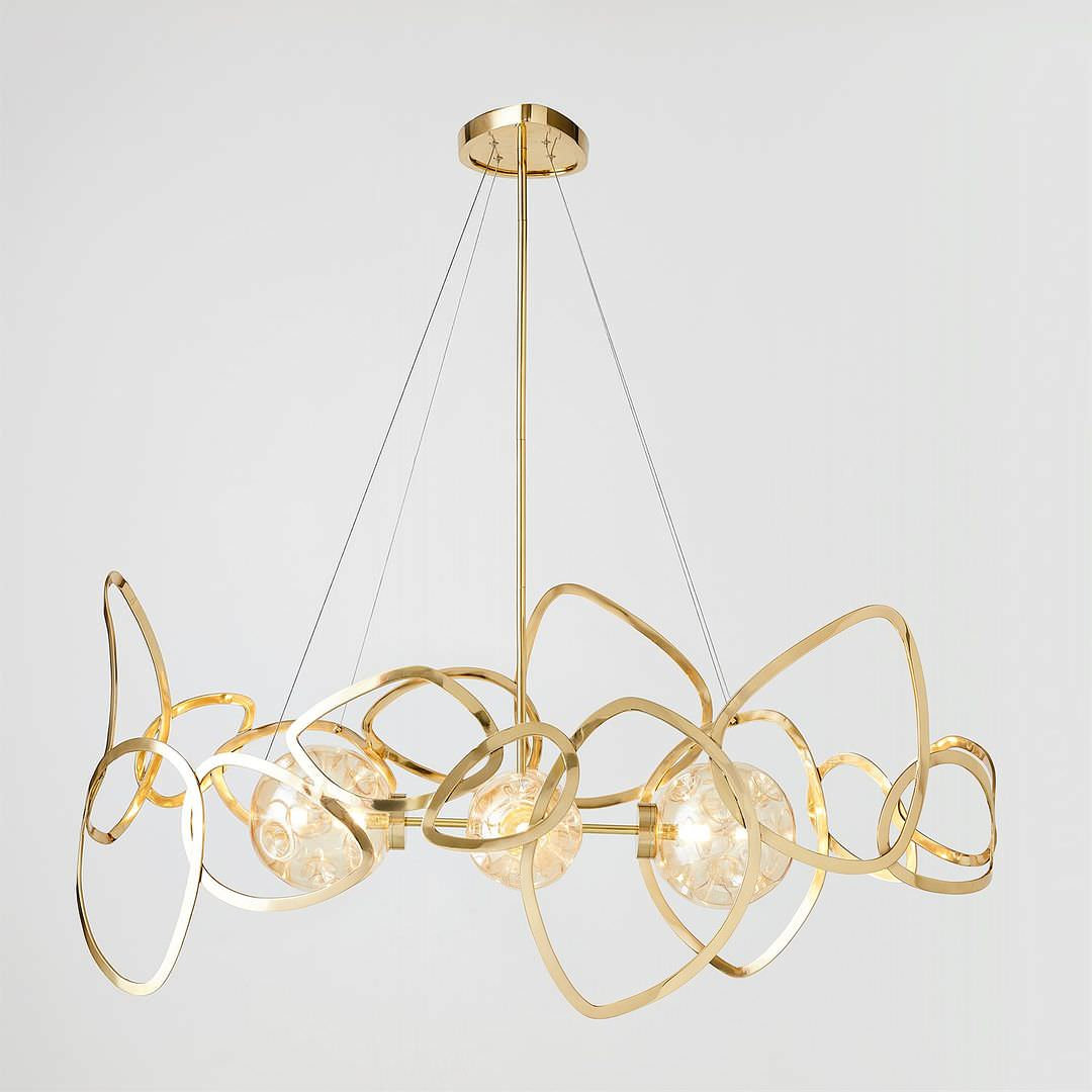 Elegant Modern Gold Squiggle Chandelier 50 x 25 in Brass Glass Loops ...
