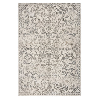 5'x8' Ivory Machine Woven Distressed Traditional Floral Vines Indoor ...