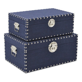Navy Blue Studded Linen Mini Trunks - Contemporary - Decorative Trunks ...