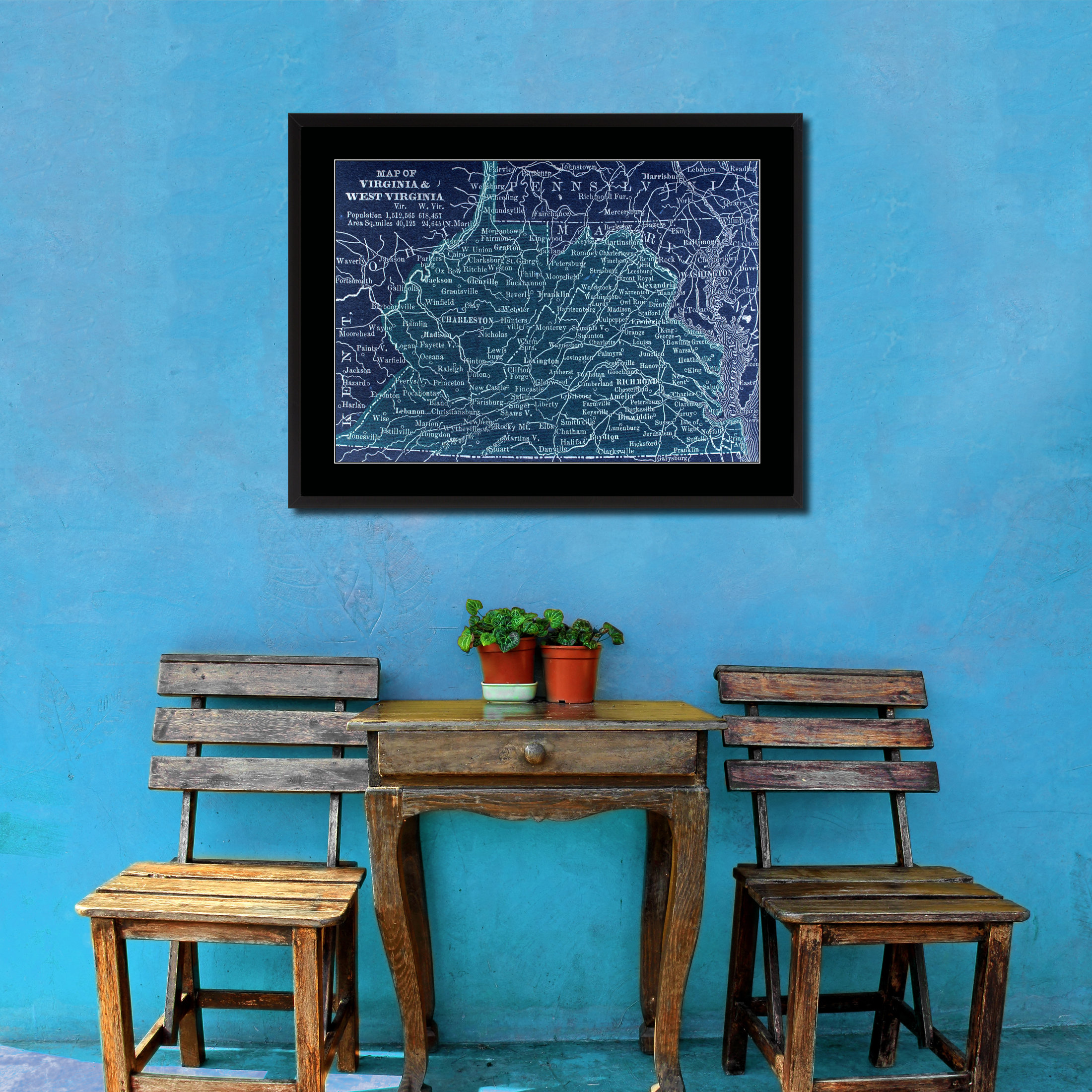 Virginia West Virginia Vintage Vivid Color Map Canvas, 28"x37 ...