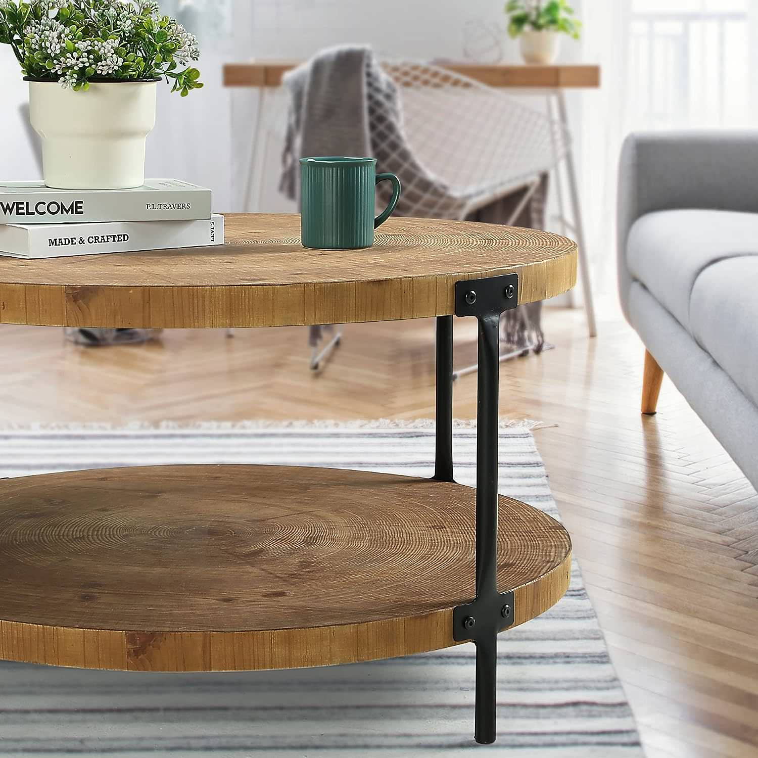 Farmhouse Coffee Table, Metal Legs With Natural Wooded Top & Lower Open ...
