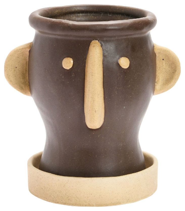 Stoneware Face Planter with Saucer, Set of 2, Matte Black and Cream ...