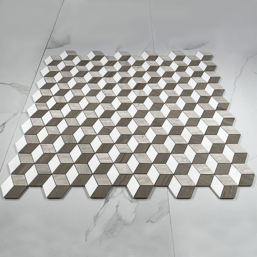 Athens Silver Cream Marble 3D Cube Diamond Geometry Hex Mosaic Tile, 1 ...