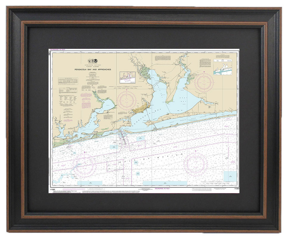 Framed Nautical Chart, Pensacola Bay And Approaches - Traditional ...