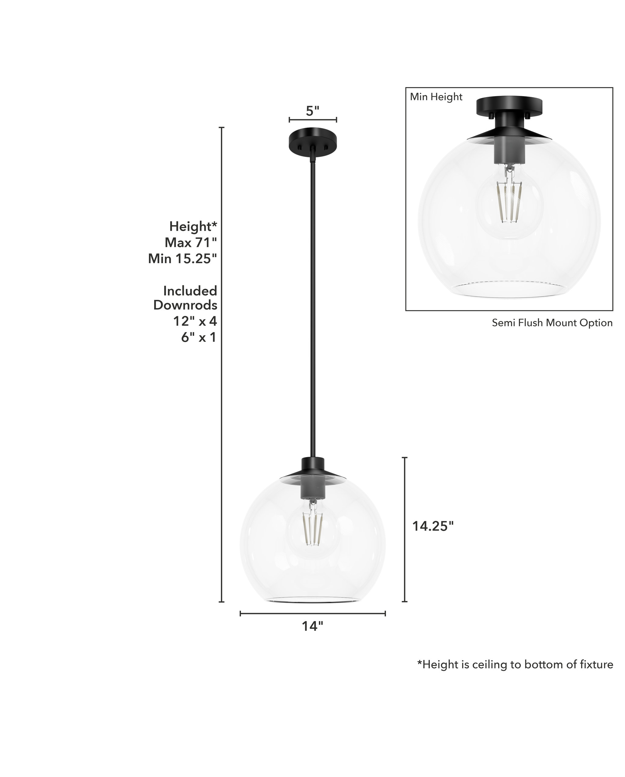 Hunter Xidane Matte Black 1 Light Pendant Ceiling Light Fixture, Large ...