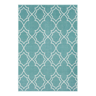 Alfresco Trellis Teal, White Area Rug, 5'3" x 7'6" Rectangle ...