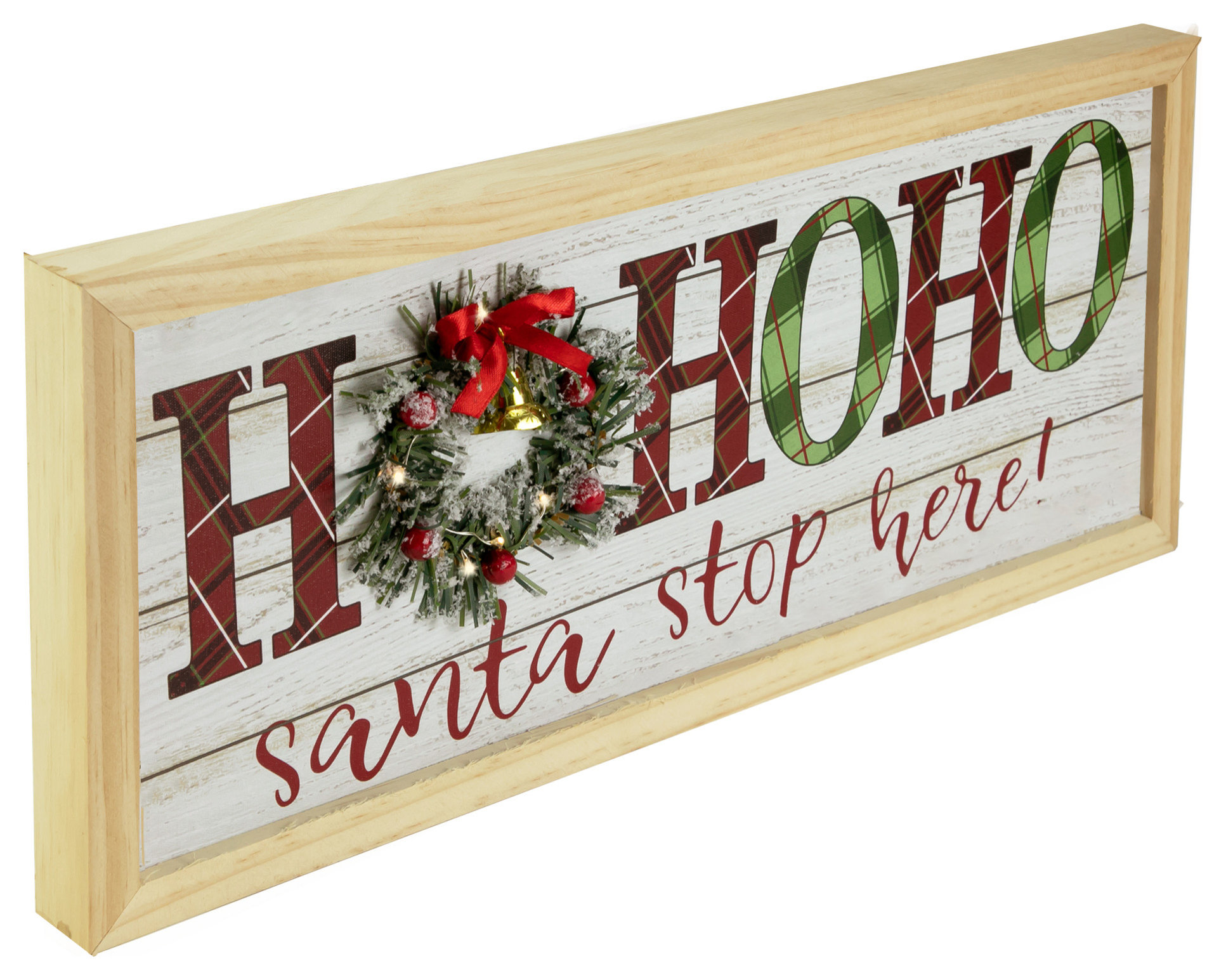 19.75" LED Lighted Plaid 'Ho Ho Ho' Wooden Christmas Wall Sign ...