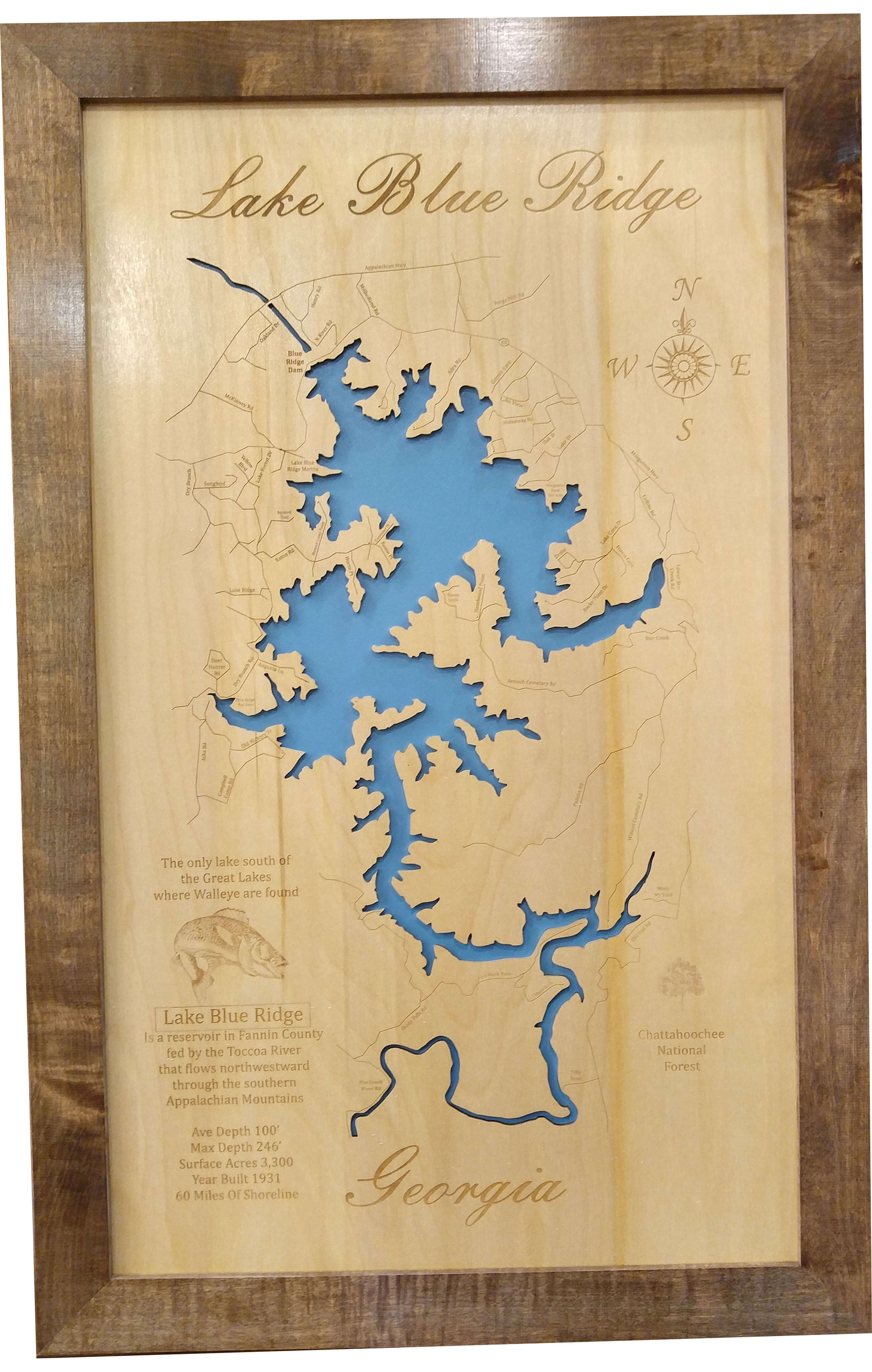 Lake Blue Ridge, Georgia-Wood Lake Map, Large - Rustic - Wall Accents ...