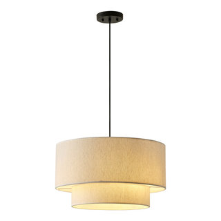 Modern Off-White Drum Pendant Light with 2-Tier Linen Fabrics Lampshade ...