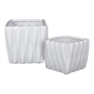Square Ceramic Vase With 3D Triangle Pattern, Set of 2, White ...
