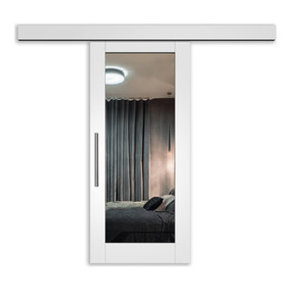 Mirrored White Painted Oak Solid Wood Sliding Barn Door with Mirror ...