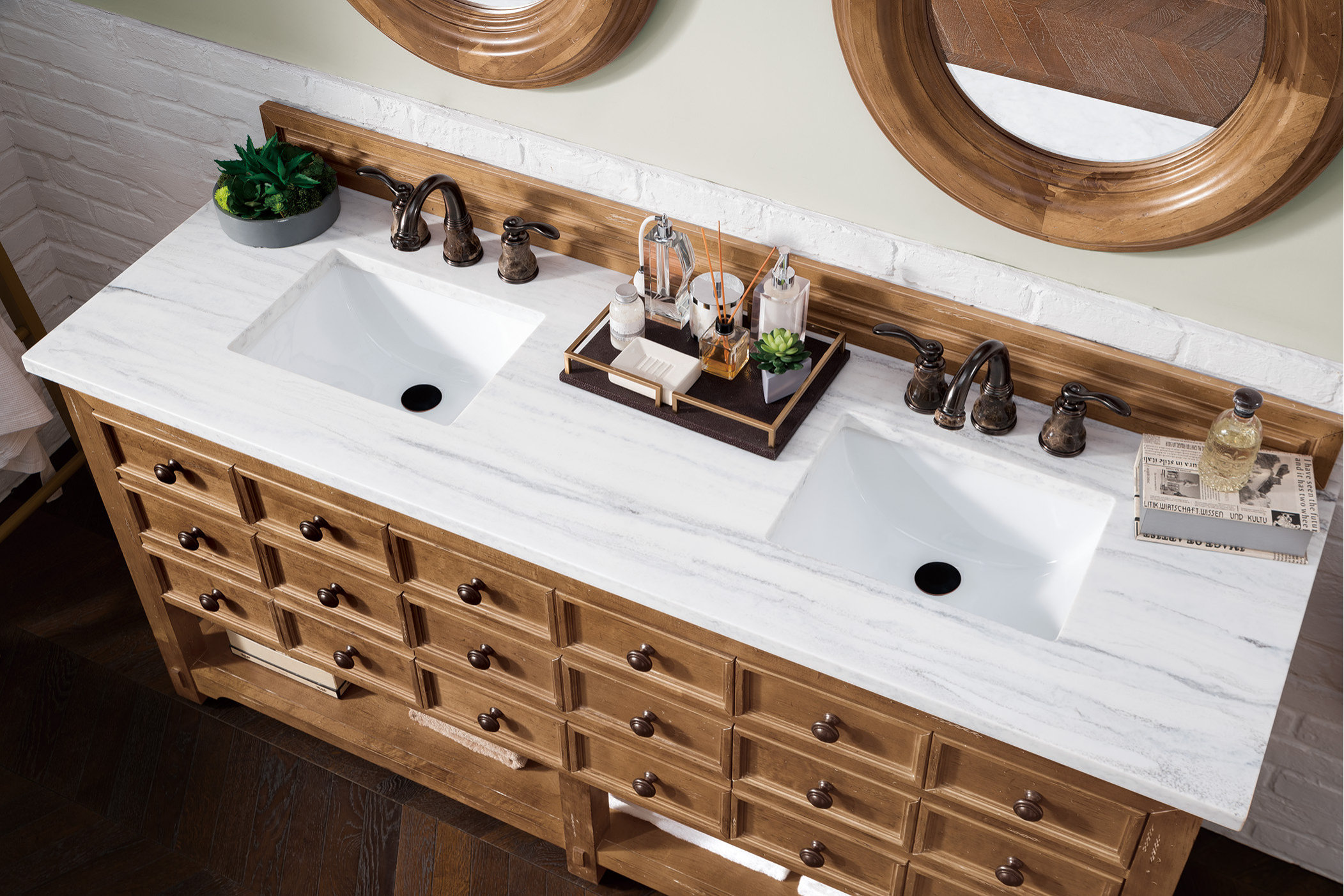 Malibu 72" Honey Alder Double Vanity, Arctic Fall Solid Surface Top ...