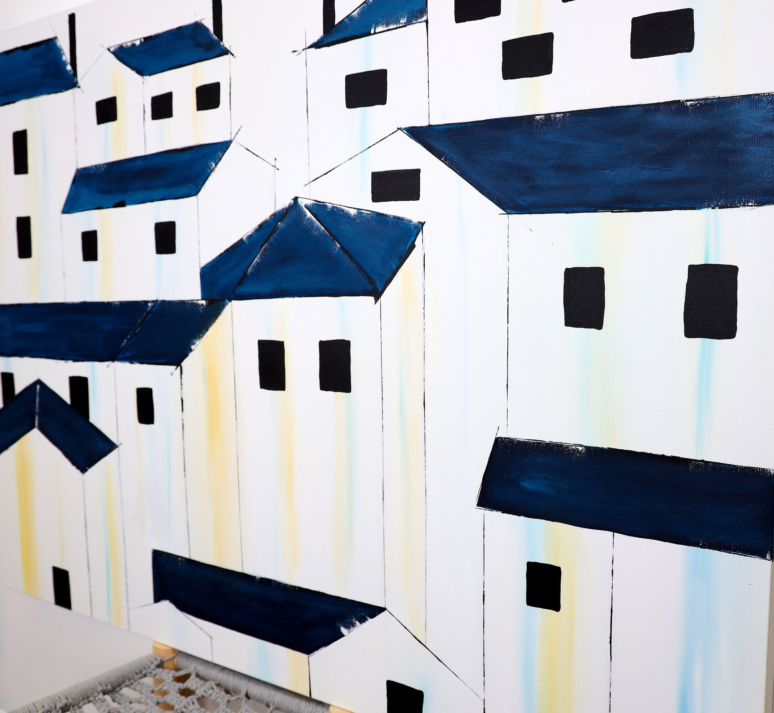 Blue rooftop houses, Architecture landscape painting, cityscape artwork ...