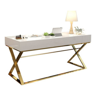 55" White Office Desk With Drawer Rectangular Modern Computer Desk ...