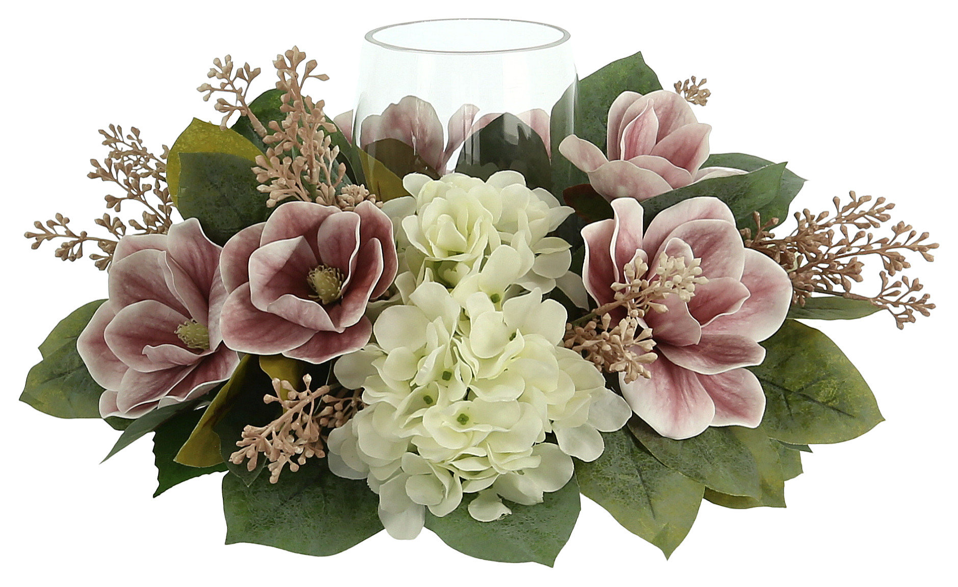 Hydrangea and Carnation Glass Candle Holder Centerpiece with Bows ...