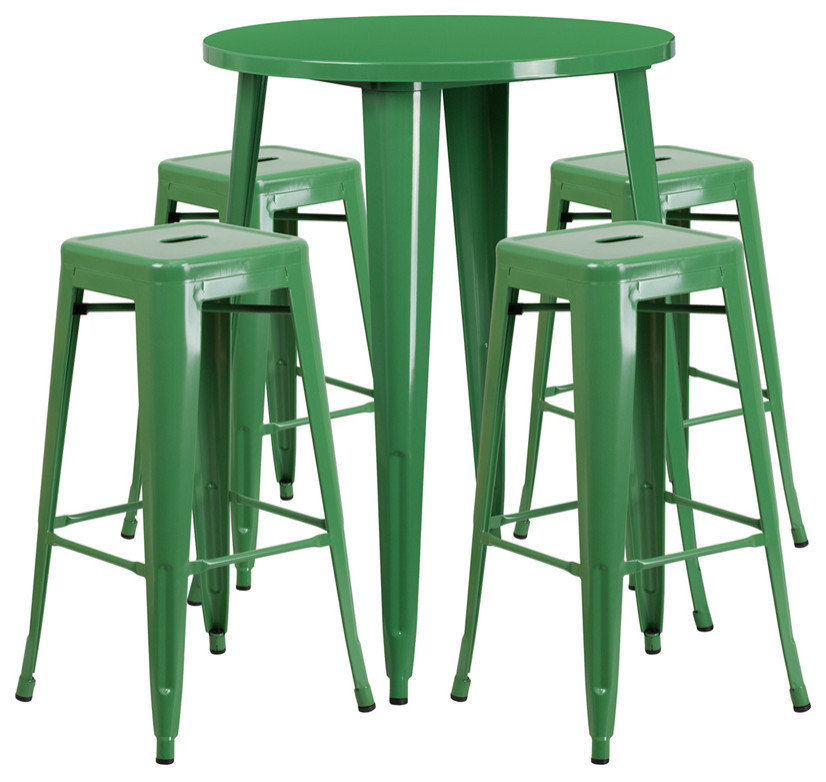 Flash Commercial Grade 30" Round Green Metal Bar Table Set & 4 Backless ...