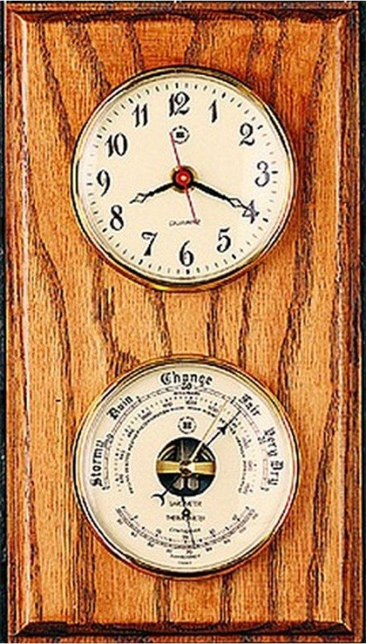 Brass Quartz Clock and Barometer/Thermometer on Oak Weather Station ...