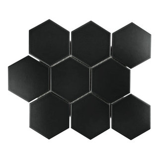 Gio Black Matte 4" Hexagon Porcelain Mosaic Tile, 11 Sheets ...