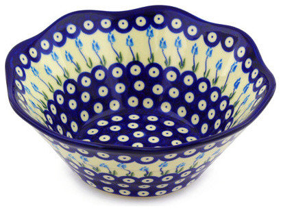Polish Pottery 9" Stoneware Fluted Bowl Hand-Decorated Design ...