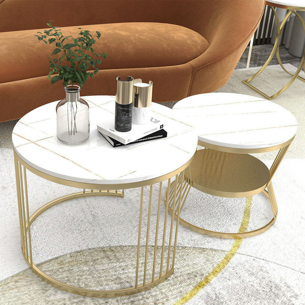 Modern White Nesting Coffee Tables Round Set of 2 With Stone Top ...