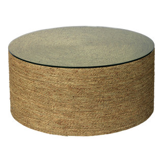 Harbor Coffee Table, Natural Seagrass With Tempered Glass Top - Beach ...