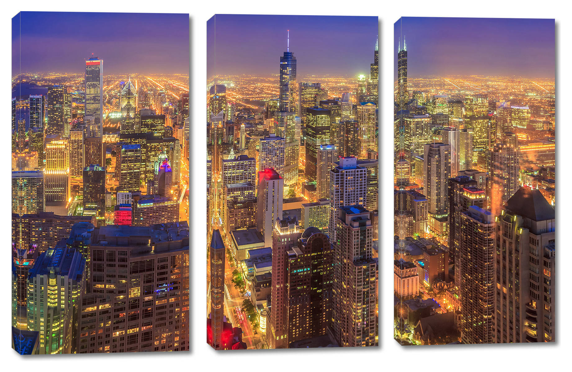 Chicago Evening Skyline Canvas Print, 3 Panel Split, Triptych Wall Art ...