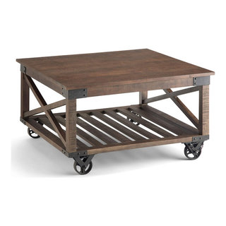 Distressed Brown Coffee Table With Mango Top and Open Shelf on Wheels ...