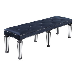 ACME Varian II Bench in Dark Navy Velvet and Black and Silver Finish - Transitional ...