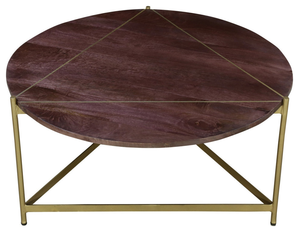 Ellis 32 Inch Round Wood Coffee Table with Brass Metal Base, Brown ...