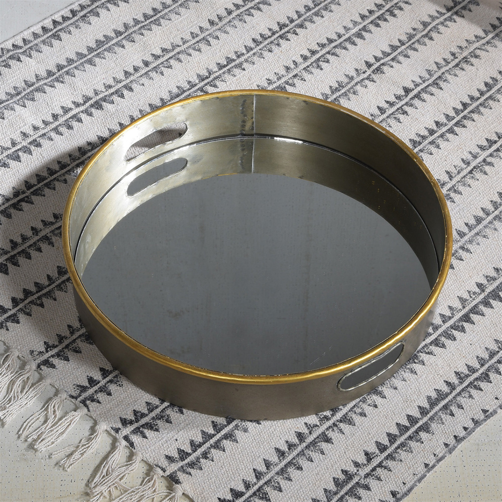 Costa Mirror Bottom Tray, Round, Galvanized With Gold Rim, 16.5x16.5x3 ...