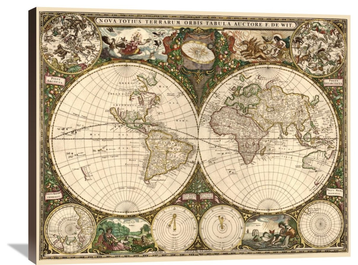"World Map" Stretched Canvas Giclee by Frederick De Wit, 16"x13", 36"x1 ...