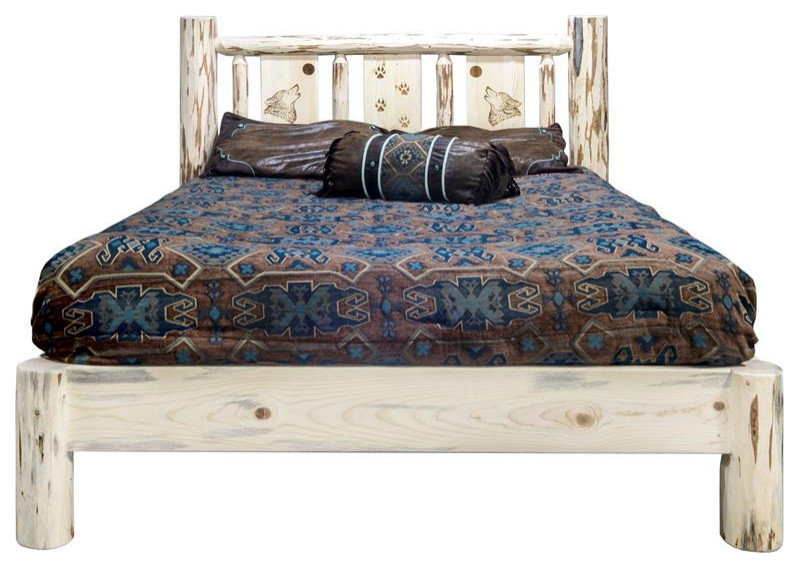 Montana Woodworks Wood Full Platform Bed with Engraved Wolf Design in ...