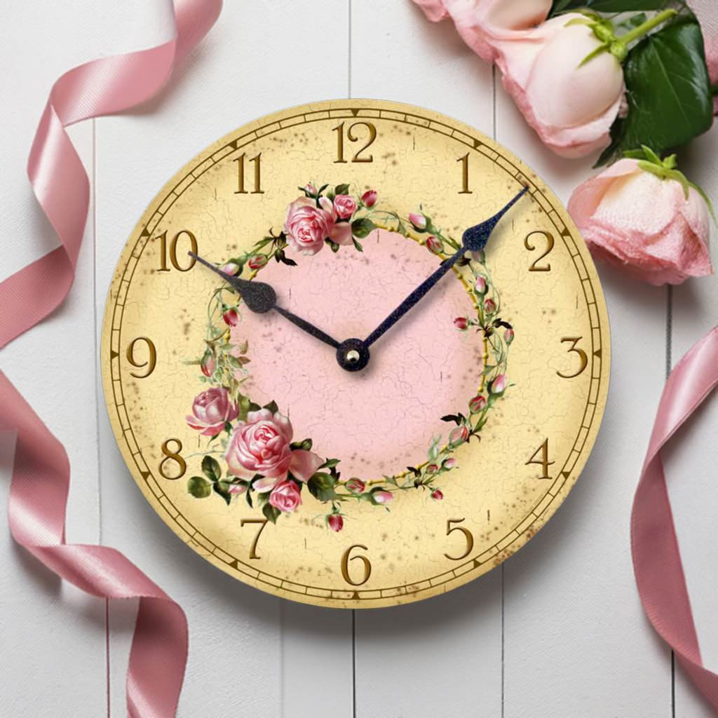 Shabby Chic Pink Roses Clock, 10.5 Inch Diameter - Victorian - Wall ...