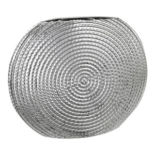 Round Metal Vase with Embossed Spiral Design Body, Metallic Silver ...