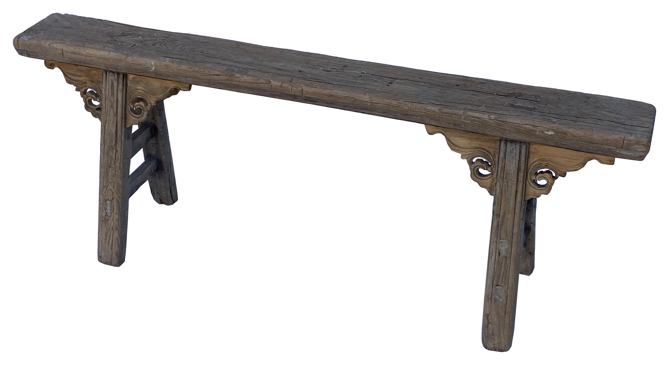 Chinese Rural Village Rustic Slim Scroll Apron Wood Seating Bench ...